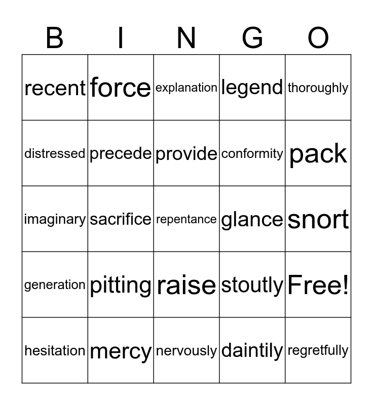 The Lottery Vocab #3 Bingo Card