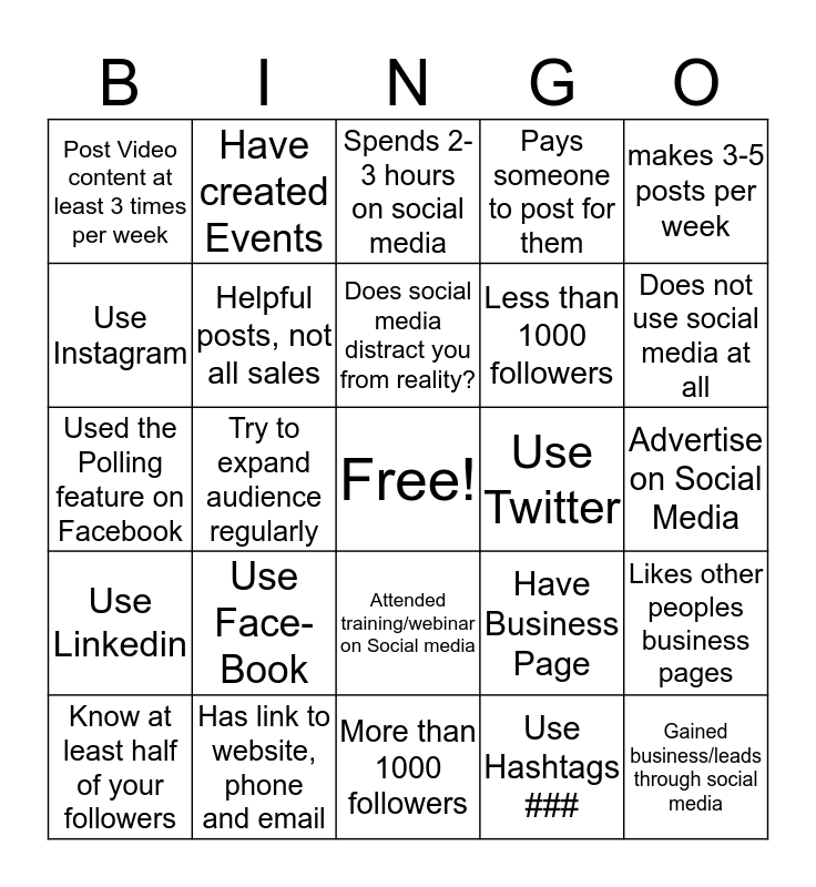 Business Page Social Media Bingo Card