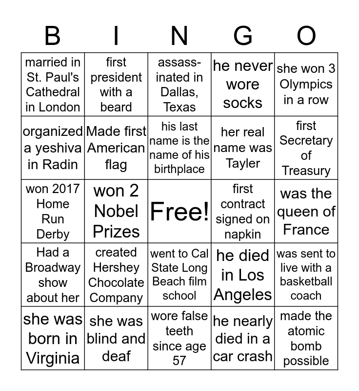 Biography Bingo Card