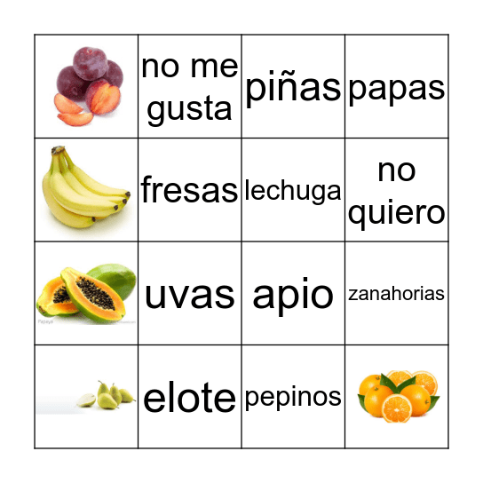 Spanish Words Bingo Card