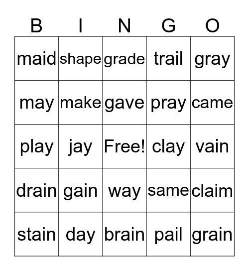 Long A Bingo Card