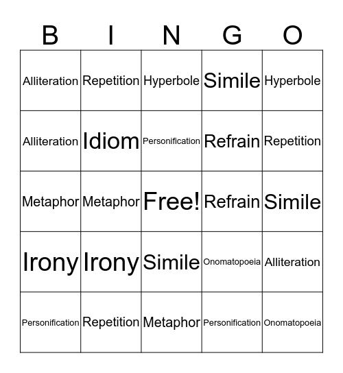 Figurative Language Bingo Card