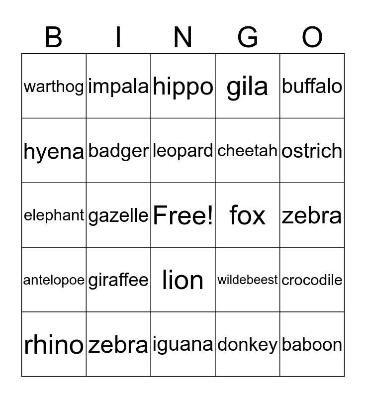 Safari Animal Bingo Card
