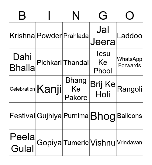 Holi Bingo Card