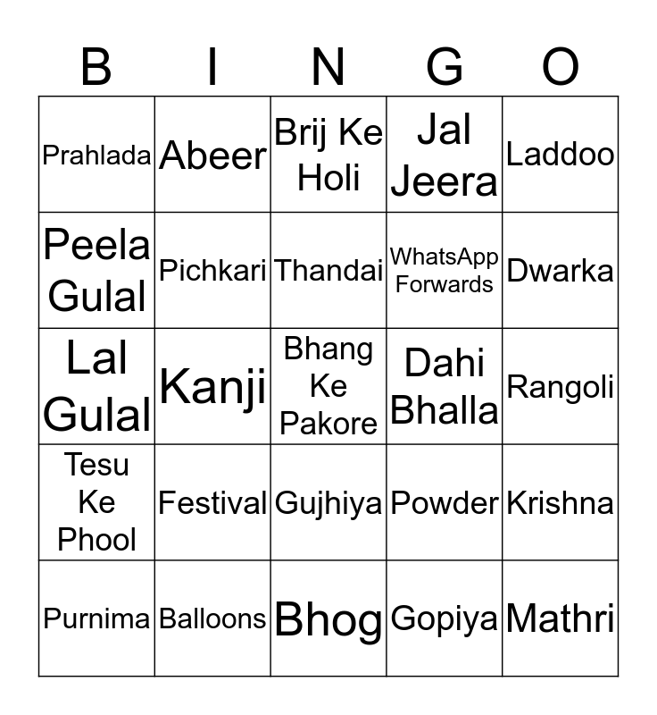 Holi Bingo Card