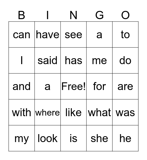 Kindergarten Sight Words Bingo Card