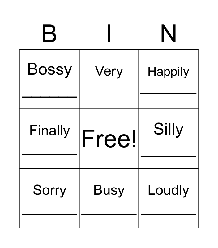 Y Ending Words Bingo Card Y Ending Words Bingo Card