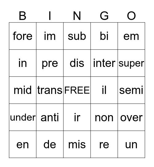 Prefix Bingo Card
