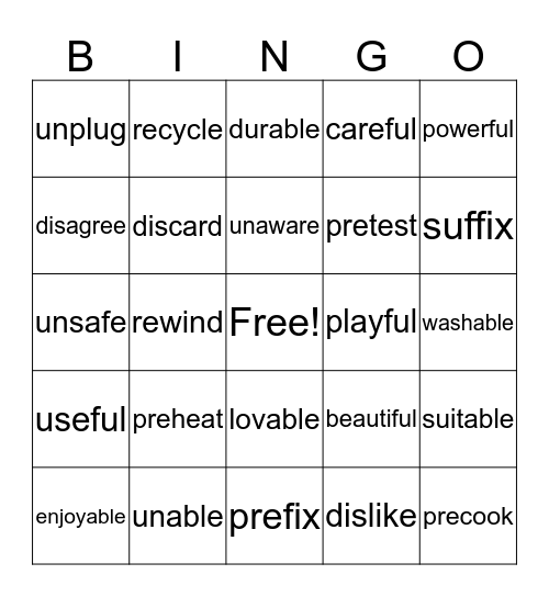 Prefixes and Suffixes Spelling Word Bingo Card