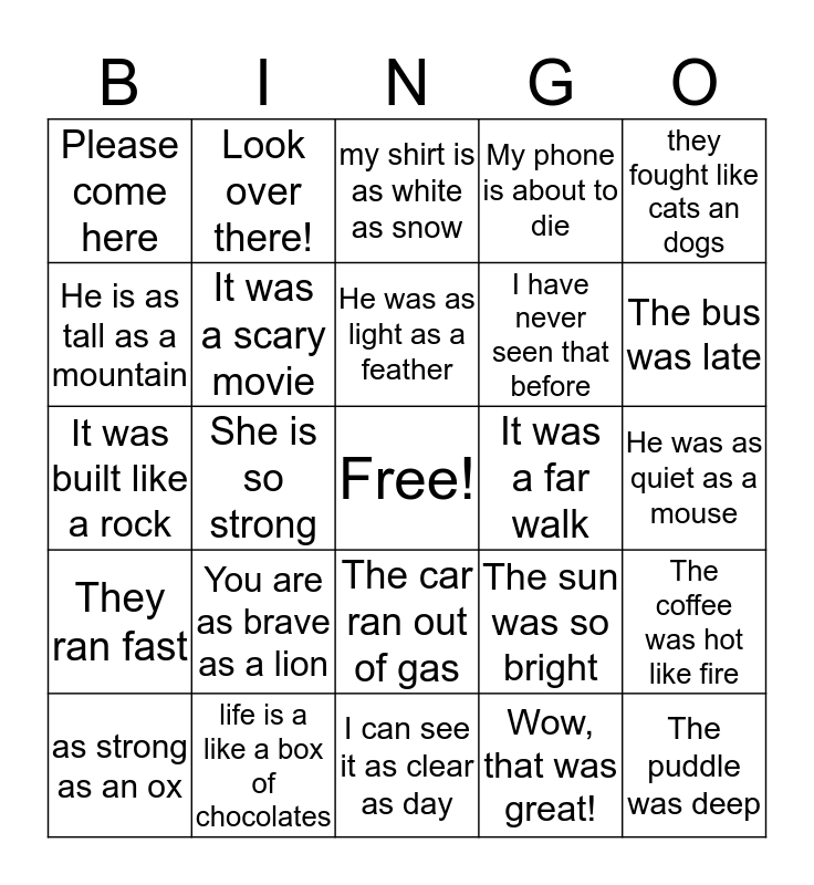 Simile and Metaphor Bingo Bingo Card