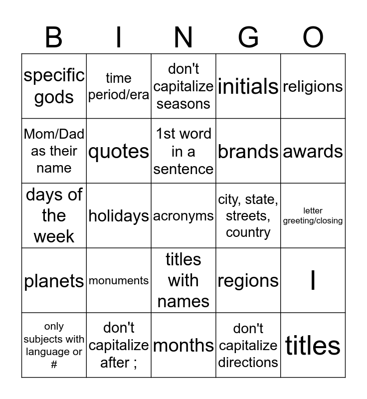Capitalization Bingo Card