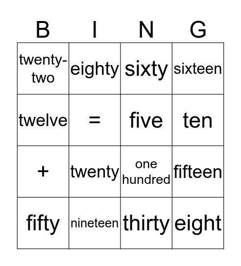 Numbers and Operations Bingo Card