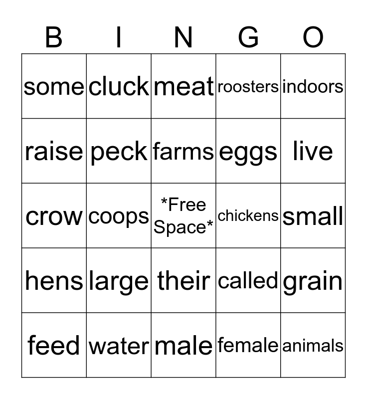 Chickens on the Farm Bingo Card