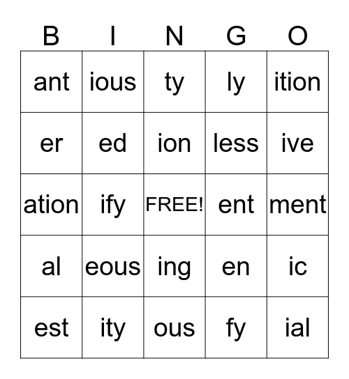 Suffix Bingo Card