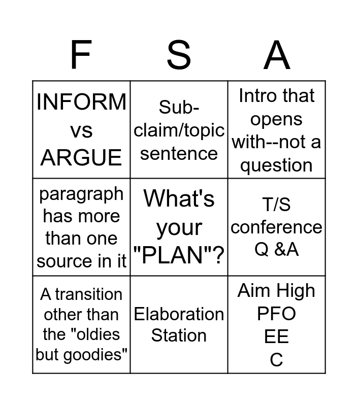 FSA Writing Bingo Card