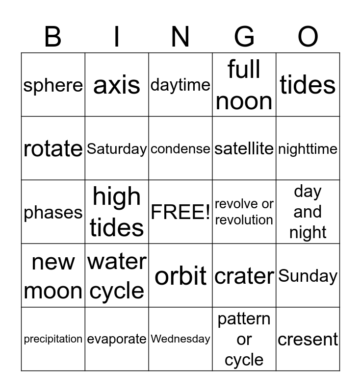 Earth, Sun, and Moon Bingo Card