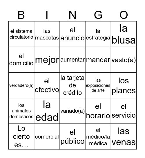 Spanish 3 Quarter 3 Exam Study Guide Vocab Bingo Card