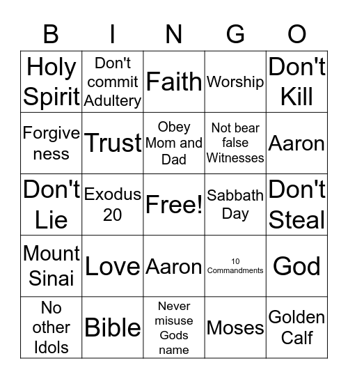 10 Commandments Bingo Card