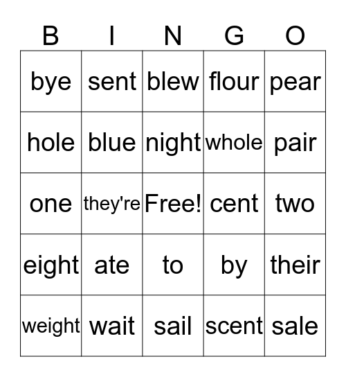 Homophones Bingo Card