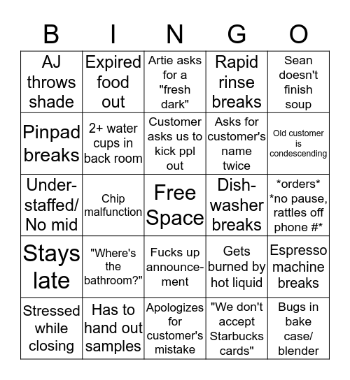 B&N Cafe Bingo Card