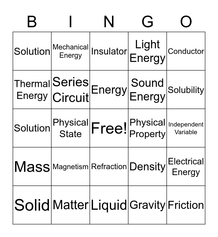Physical Science Bingo Bingo Card
