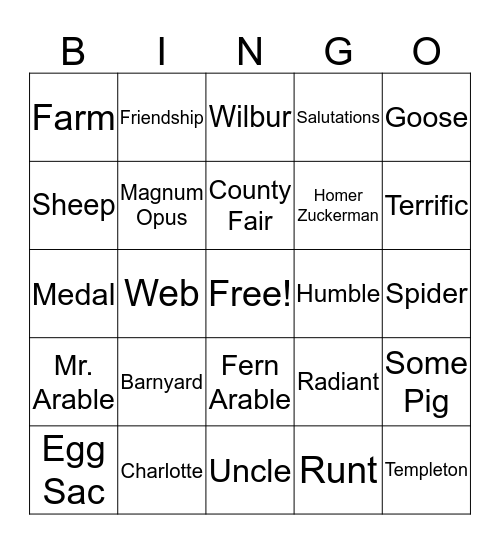 Charlotte's Web Bingo Card