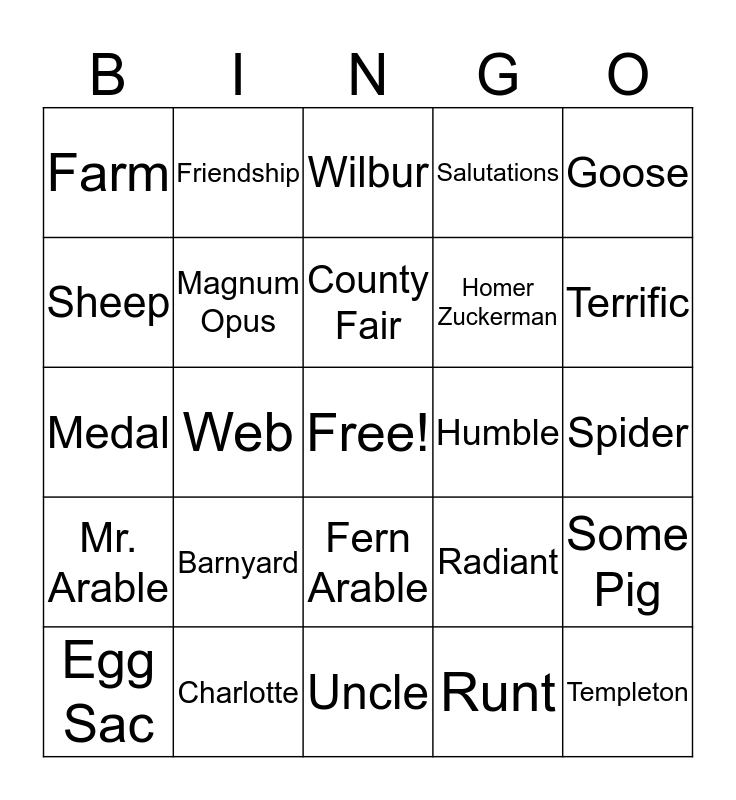 Charlotte's Web Bingo Card