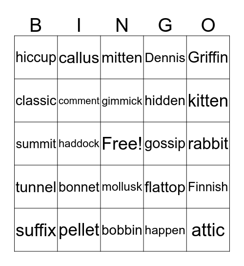 VC/CV Double Consonant Bingo Card