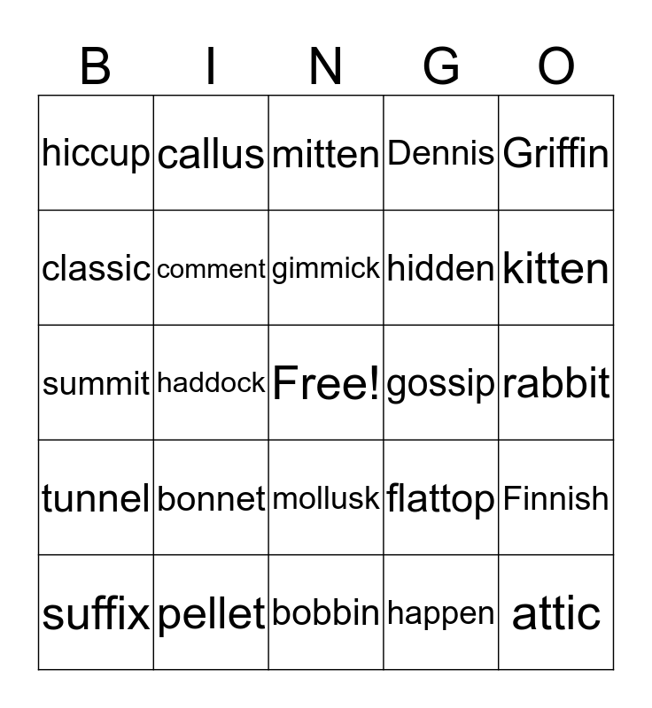 VC/CV Double Consonant Bingo Card