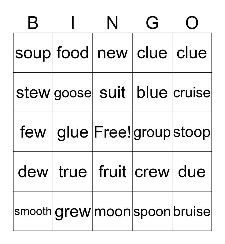 Oo Ew Ue Ui Ou 1st Grade Bingo Card