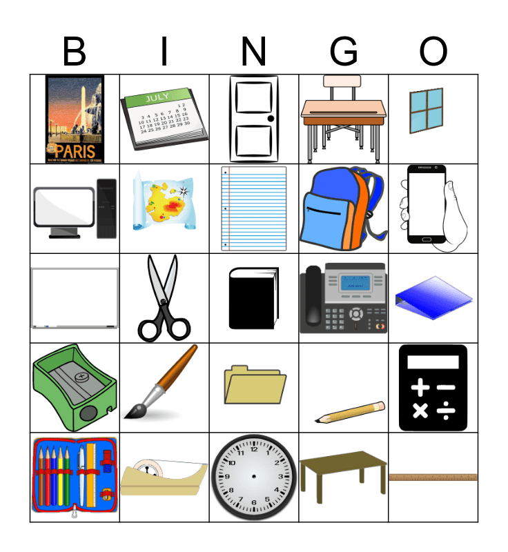Les Objets dans la Salle de Classe Bingo Card