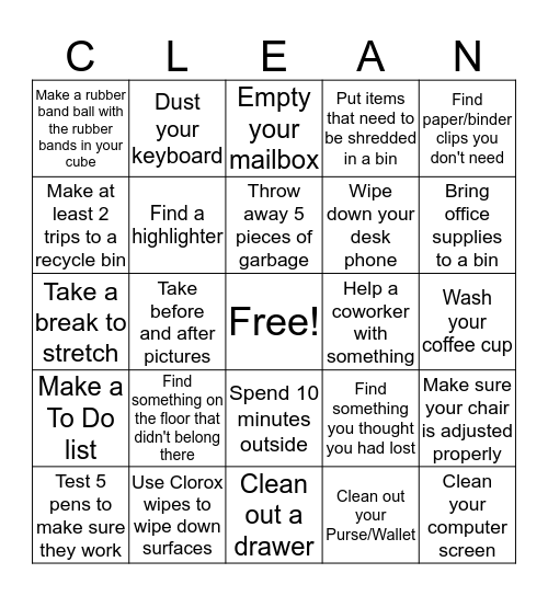 Spring Cleaning Bingo Card