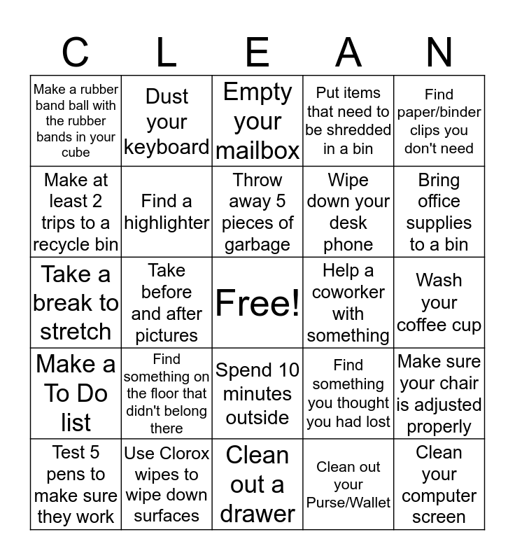 Spring Cleaning Bingo Card