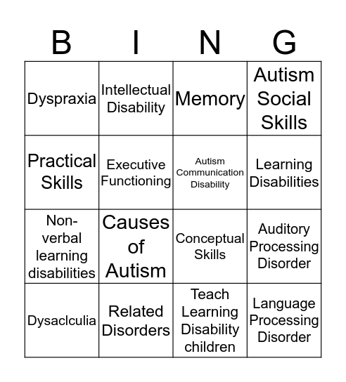 Developmental, intellectual, and Learning Disabilites Bingo Card