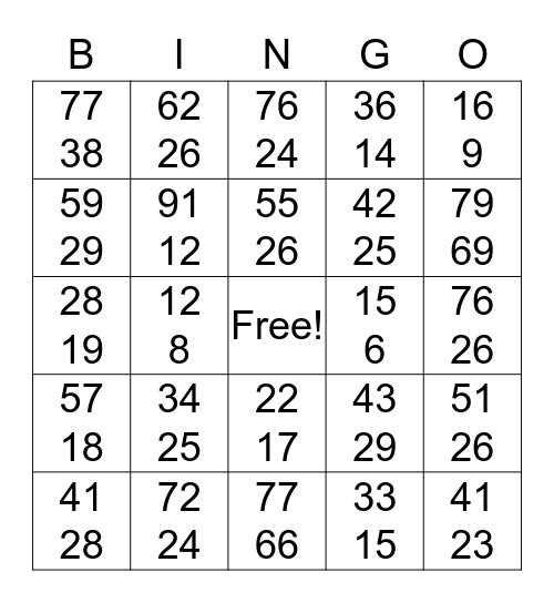Double digits subtraction with regrouping Bingo Card