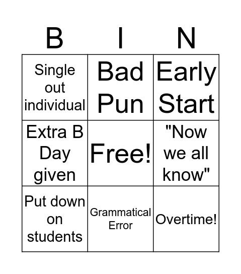 STAAR Bingo Card