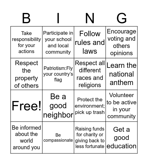 Good Citizen Bingo Card