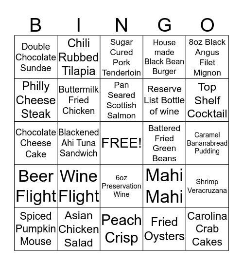 Menu Bingo Card