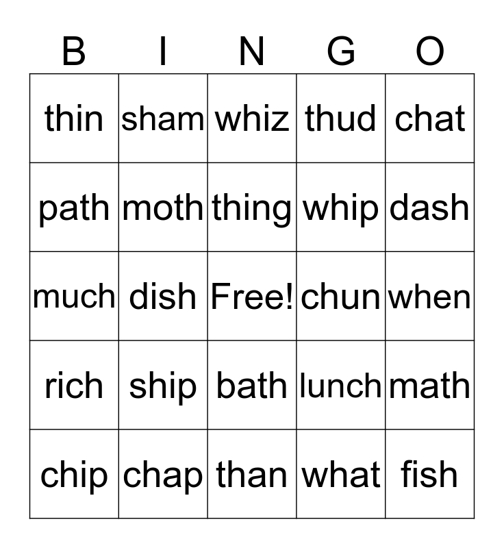 Consonant Digraph Bingo Card