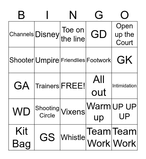Netball Bingo Card