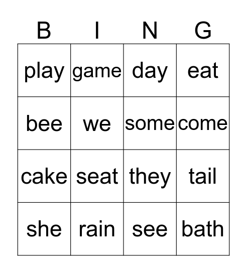ai and ee list words Bingo Card