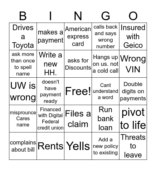 State Farm Bingo Card