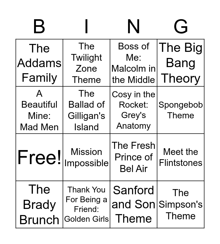 TV Show Theme Songs Bingo Card TV Show Theme Songs Bingo Card