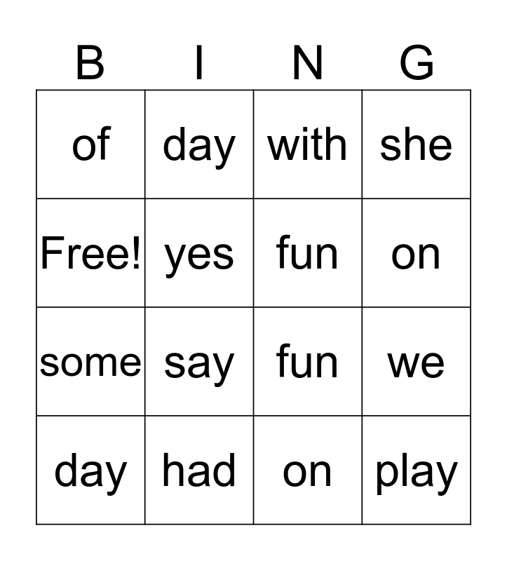Snap Word Bingo Card