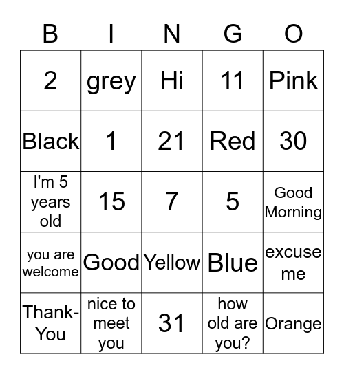 greetings, numbers, courtesy Bingo Card