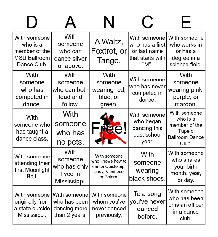 Ballroom Dance Bingo Card