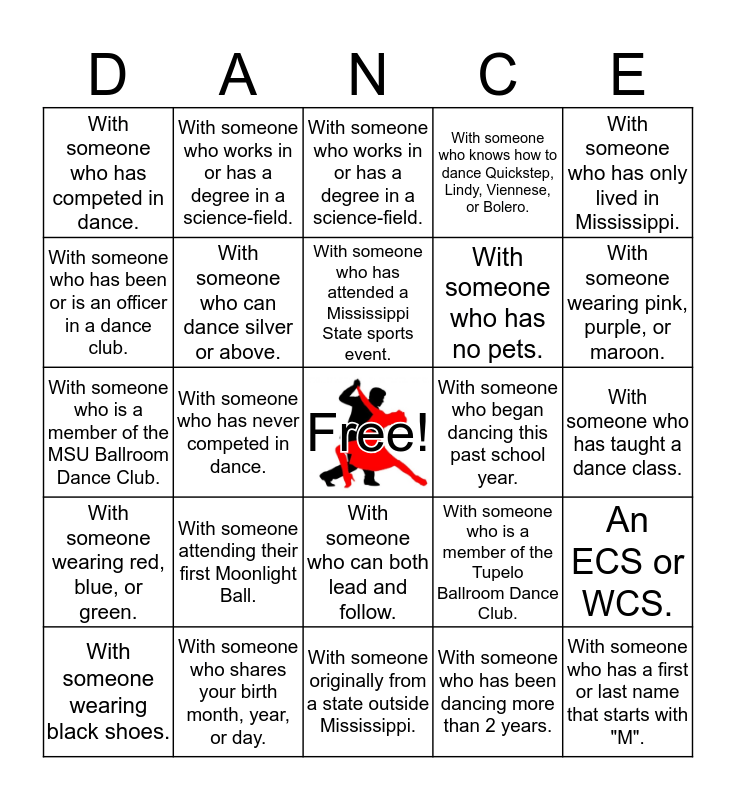 Ballroom Dance Bingo Card