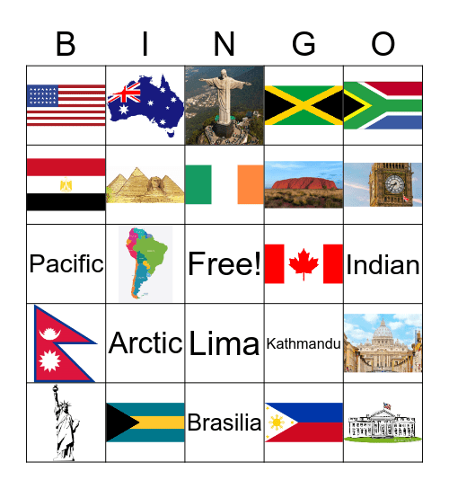 Flags, Landmarks, and Capitals Bingo Card