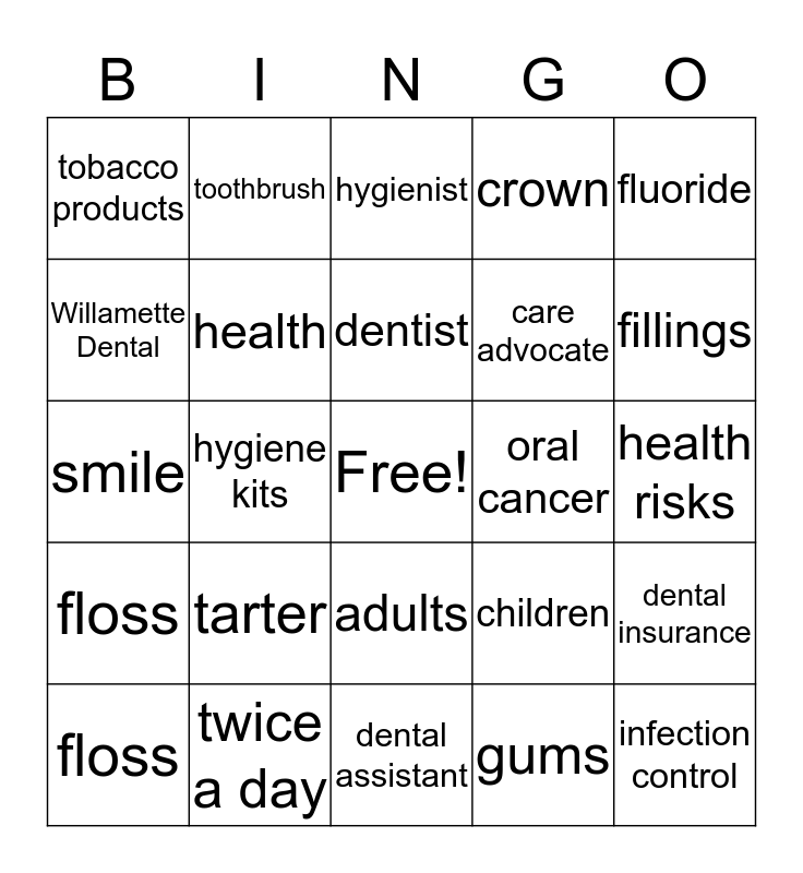 Oral Health Bingo Card
