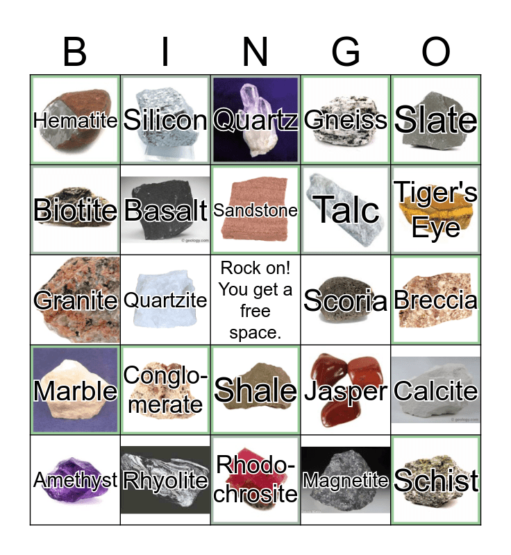 Rocks & Minerals Bingo Card